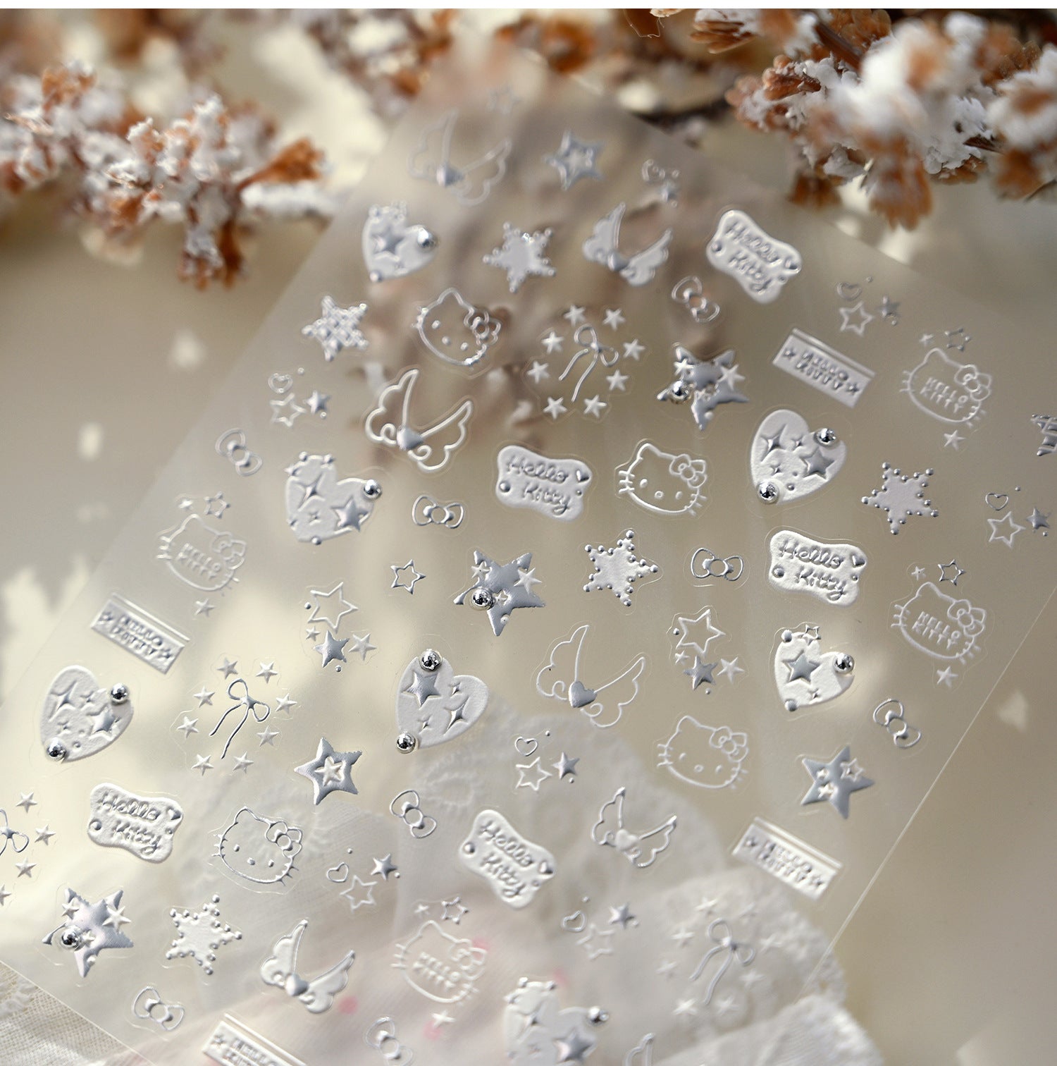 MoeMolly Sanrio Embossed Nail Art Stickers-Silver Hello Kitty