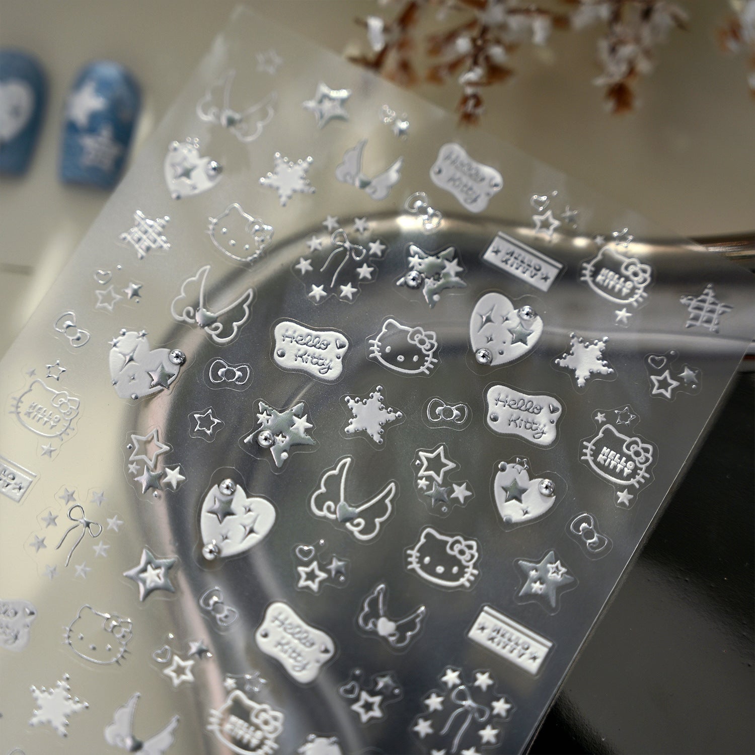 MoeMolly Sanrio Embossed Nail Art Stickers-Silver Hello Kitty